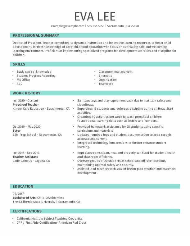 Preschool Teacher | Free Resume Templates + How-To Guide