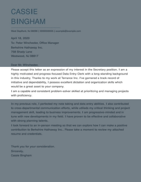Secretary Cover Letter Example