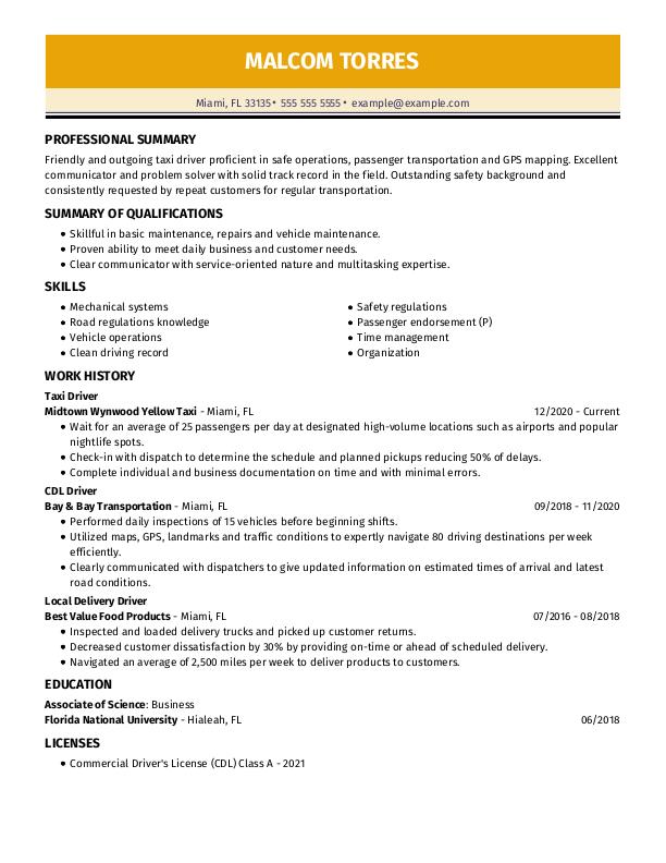 Taxi Driver | Free Resume Templates + How-To Guide